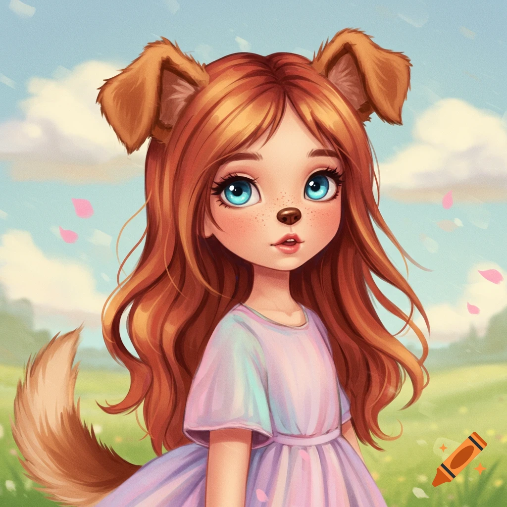 A cute girl with dog ears and a tail sits in a field of daisies. on Craiyon