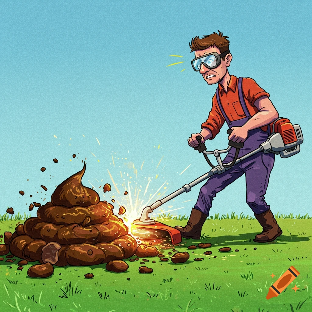 Man weed-whacking dog poop with goggles on on Craiyon