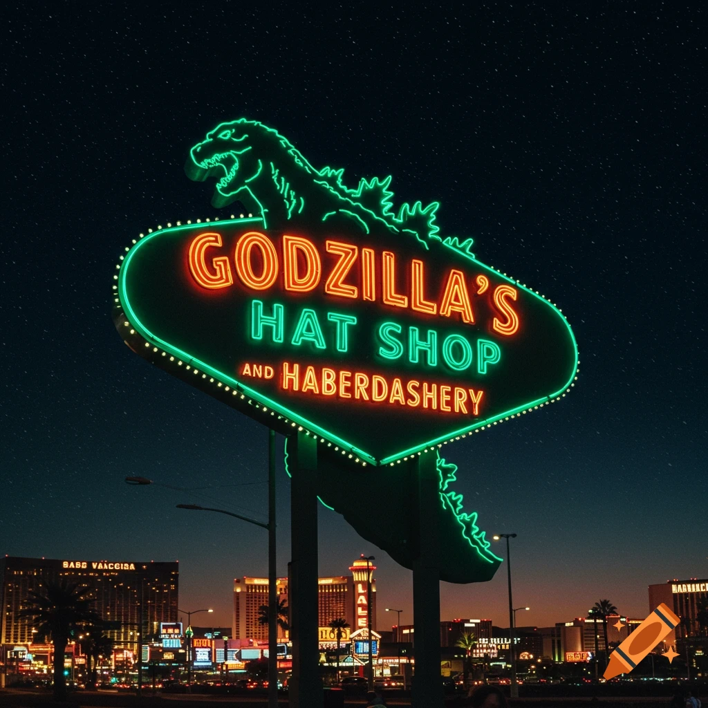Neon sign for Godzilla's Hat Shop and Haberdashery on the Las Vegas ...