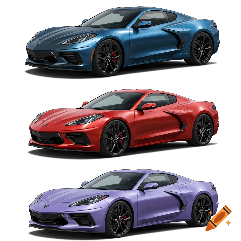 Three digital renders of Corvettes in blue, red, and purple. on Craiyon