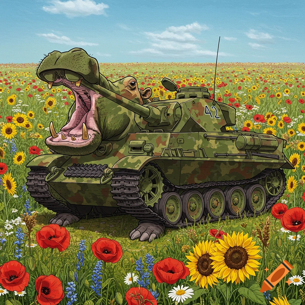 A hippo-shaped tank with the number 42 on its turret standing in a ...