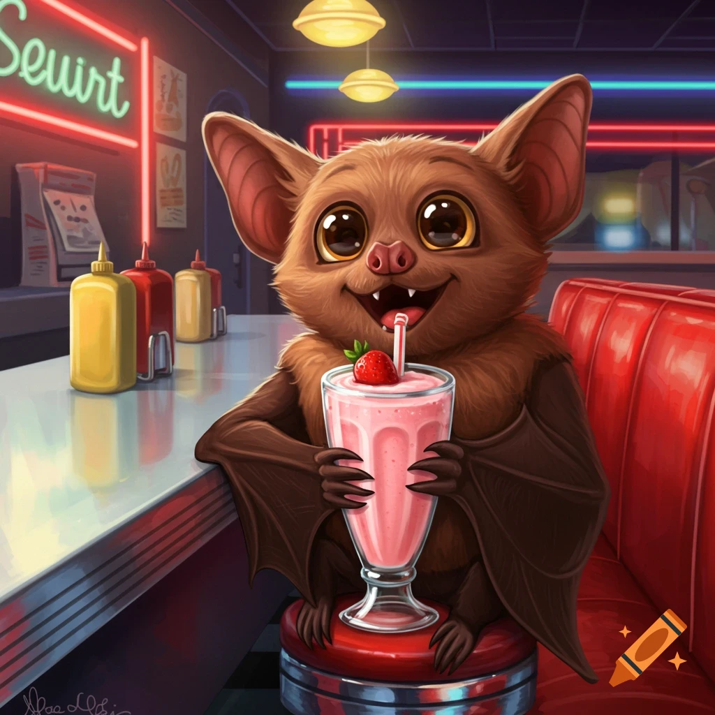 Cartoon bat drinks a pink milkshake at a diner counter. on Craiyon