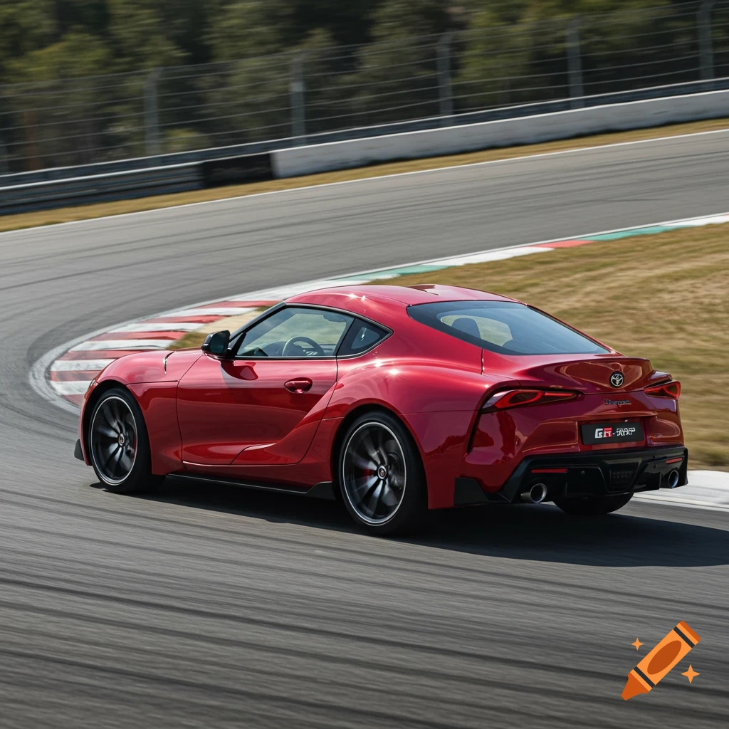 A red Toyota GR Supra rounds a corner on a race track, captured from a ...