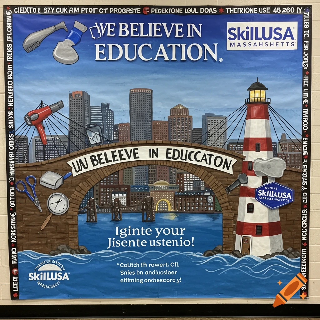 Promotional bulletin board featuring a CTE program tool bridge and the ...