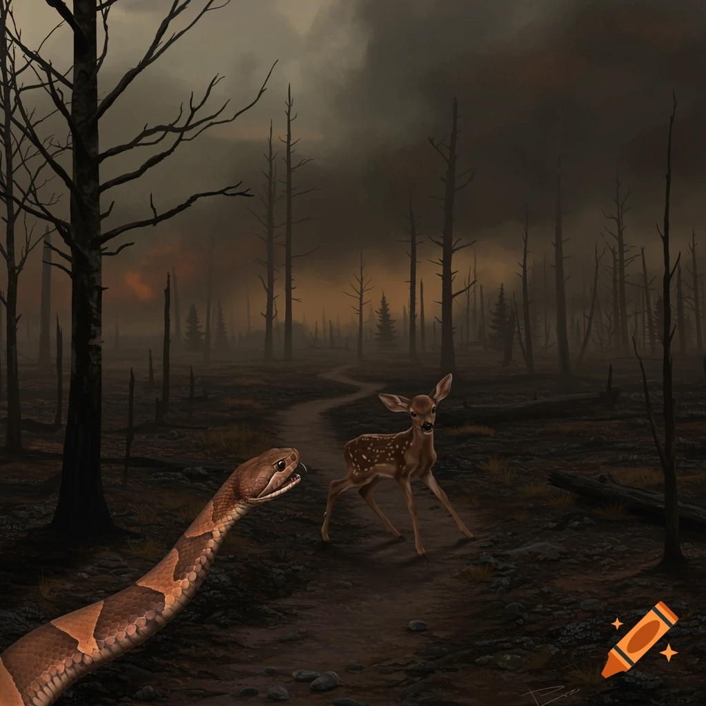 Wildfire with thin dead trees, snake attacking a fawn on a small path ...