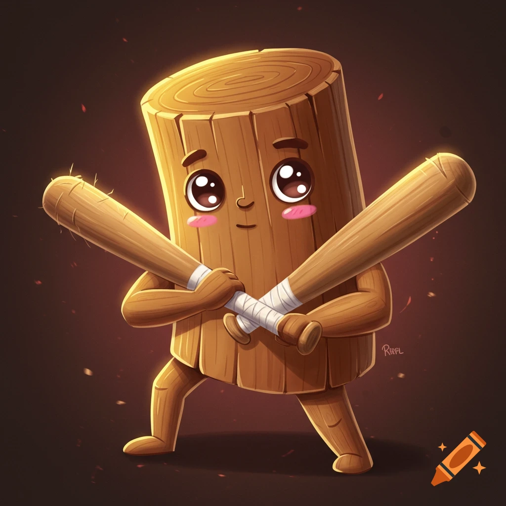 Cute cartoon log character holding two baseball bats. on Craiyon