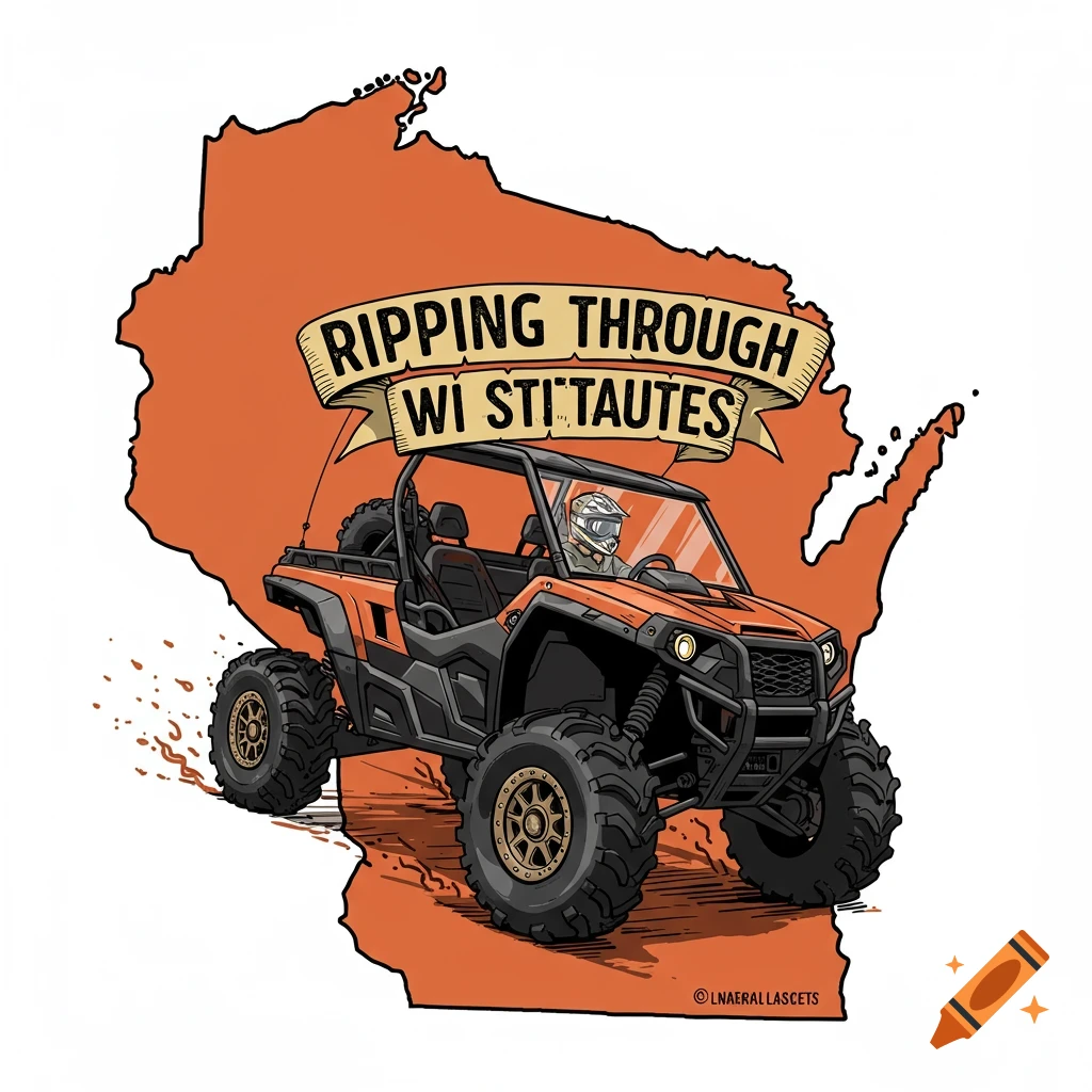 Wisconsin outline with UTV banner and 'ripping through WI Statutes ...