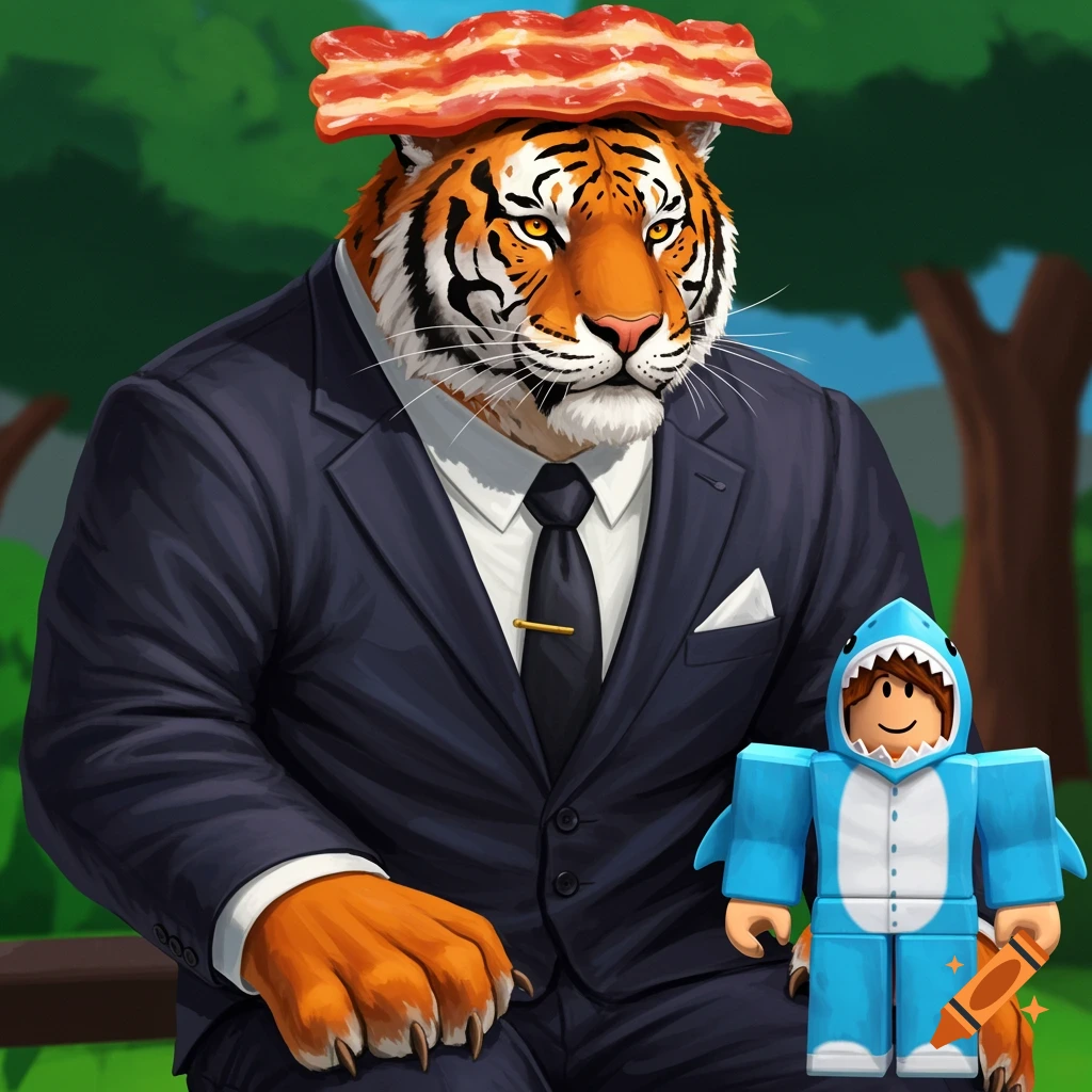 A tiger in a suit with bacon on its head sits beside a Roblox character in a shark costume. on ...