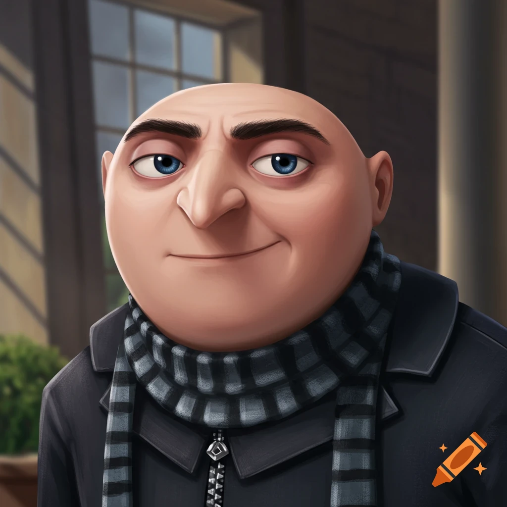 A realistic portrait of the character Gru wearing a scarf and coat, smiling. on Craiyon