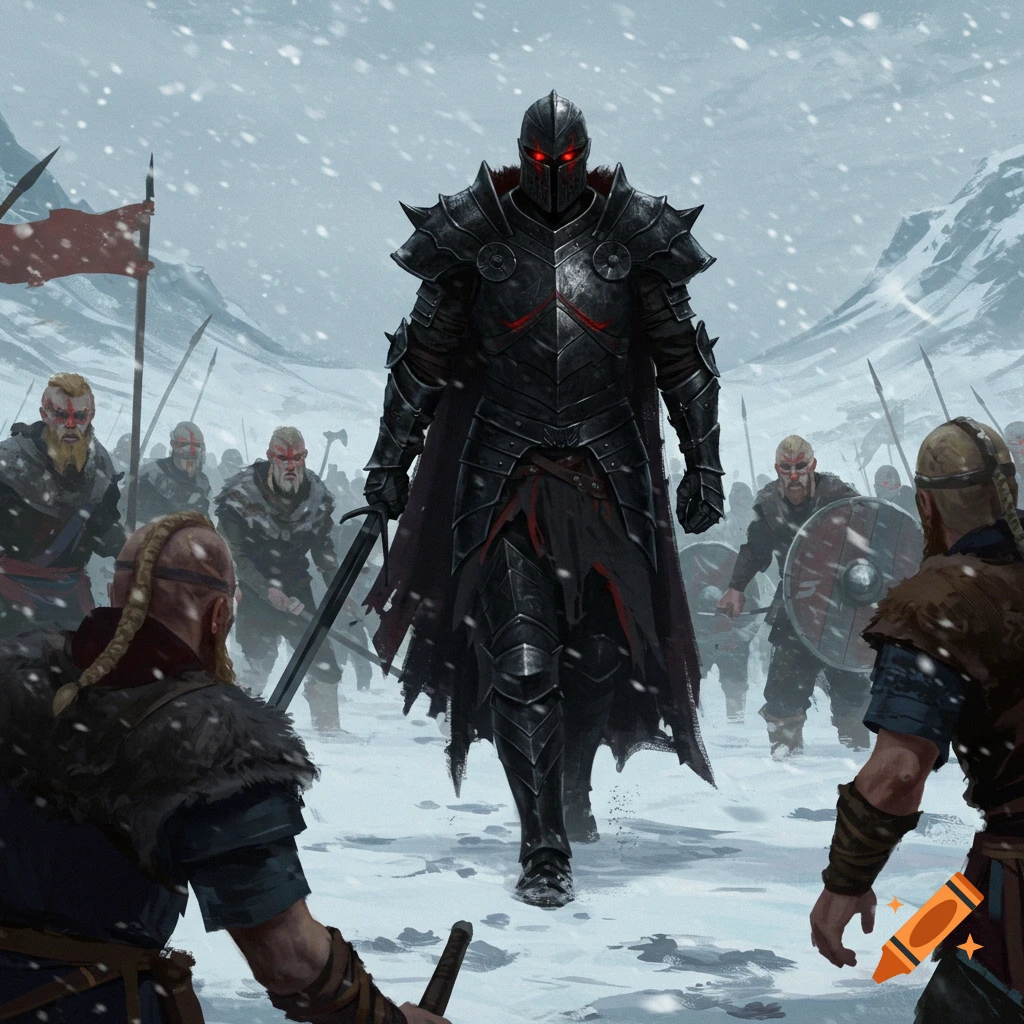 A black armored knight with red eyes stands in snow facing Vikings. on ...