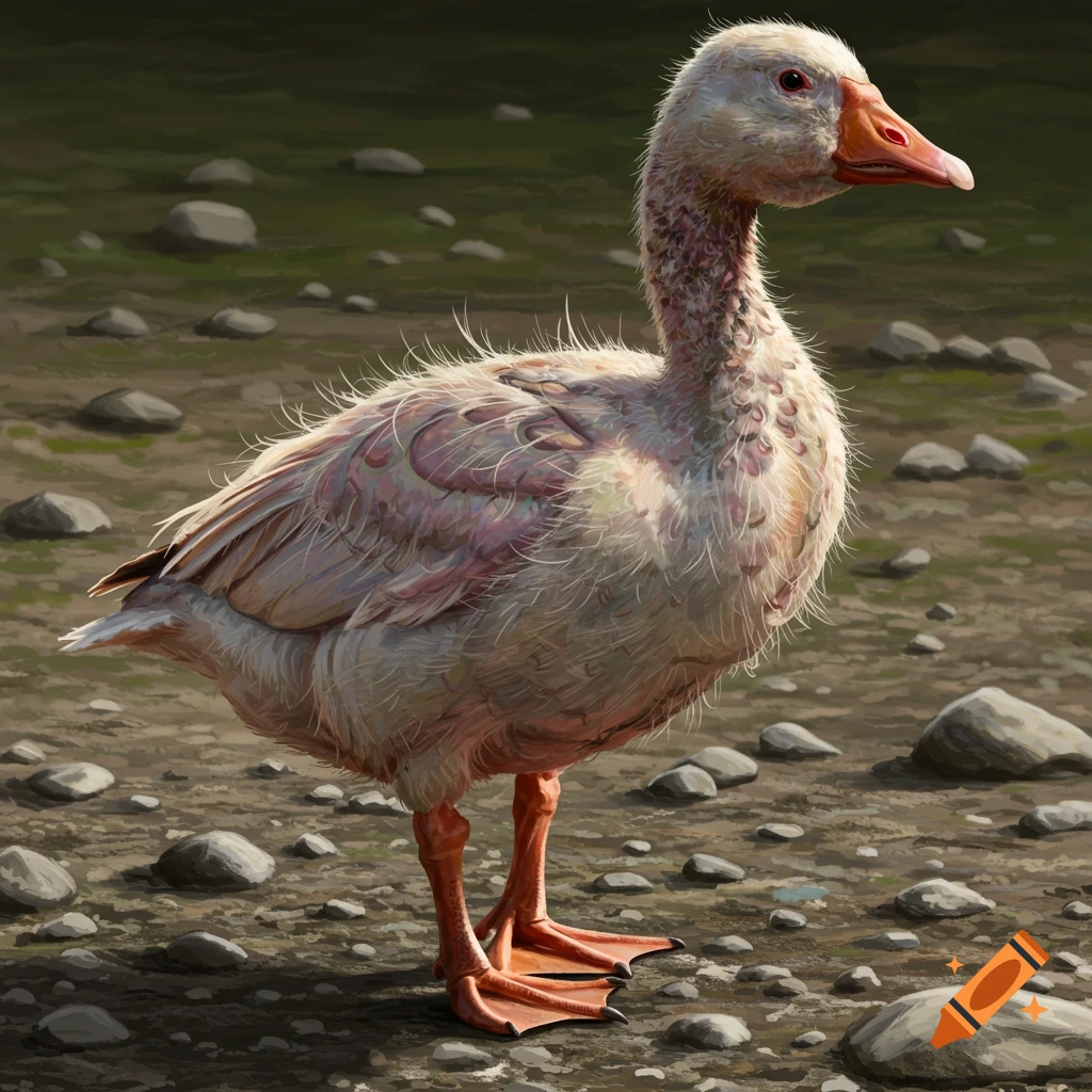 Under-feathered goose on rocky ground, sparse plumage resembling ...
