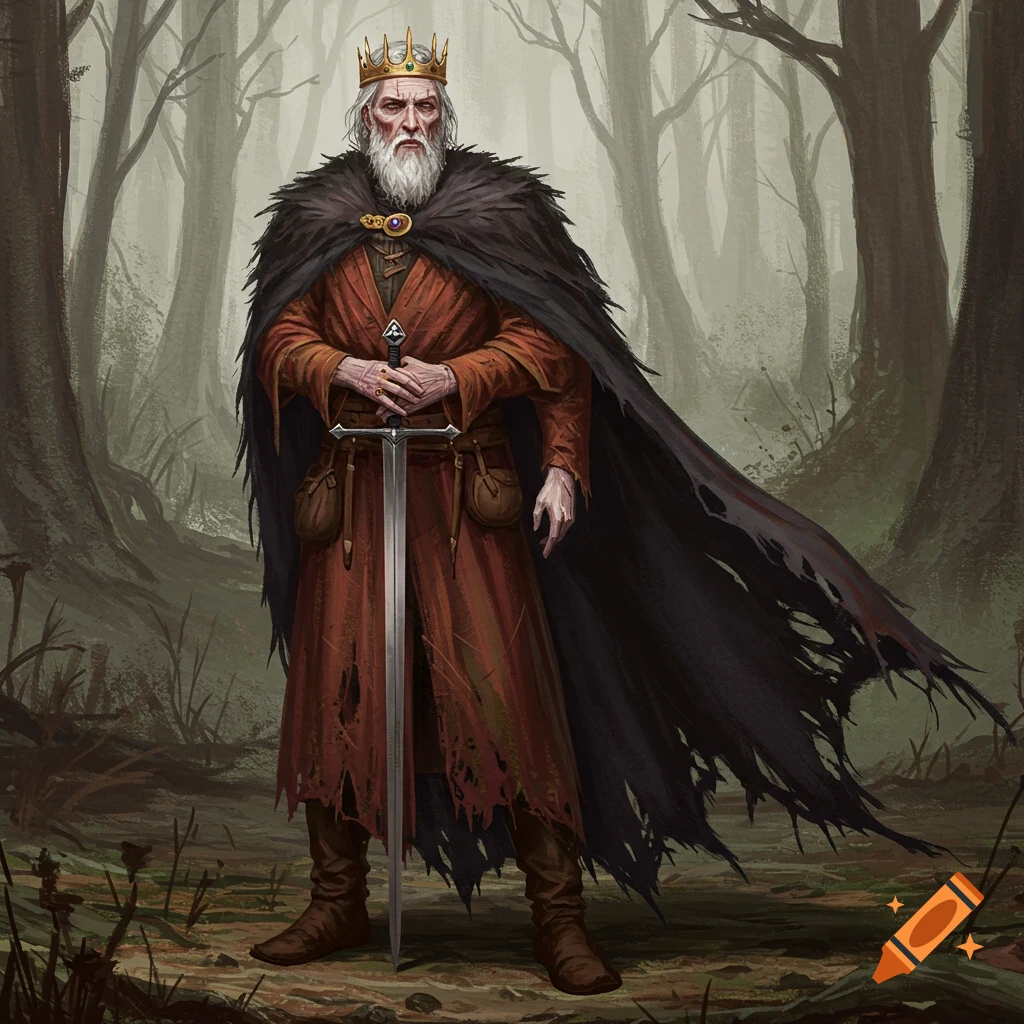 An old king in a forest holding a sword, wearing torn robes and a ...