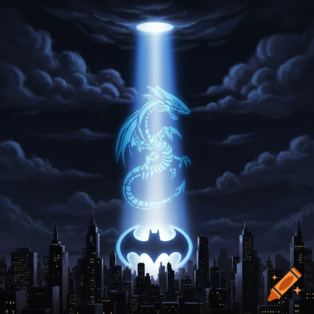 Bat Signal with Blue-Eyes White Dragon silhouette on Craiyon