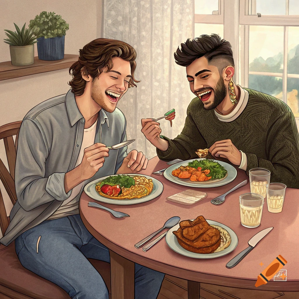 Harry Styles and Zayn Malik eating soul food at a dining table on Craiyon