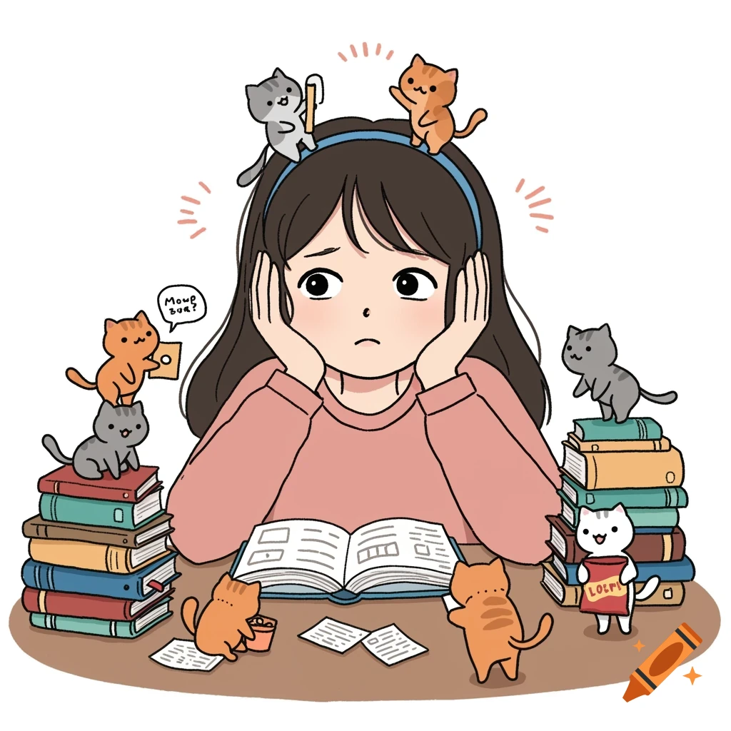 Cartoon illustration of a girl studying, surrounded by tiny cats ...