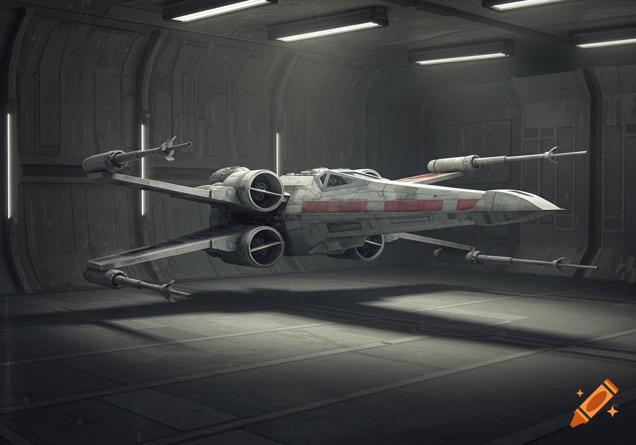 An X-wing from Star Wars in a hangar. on Craiyon