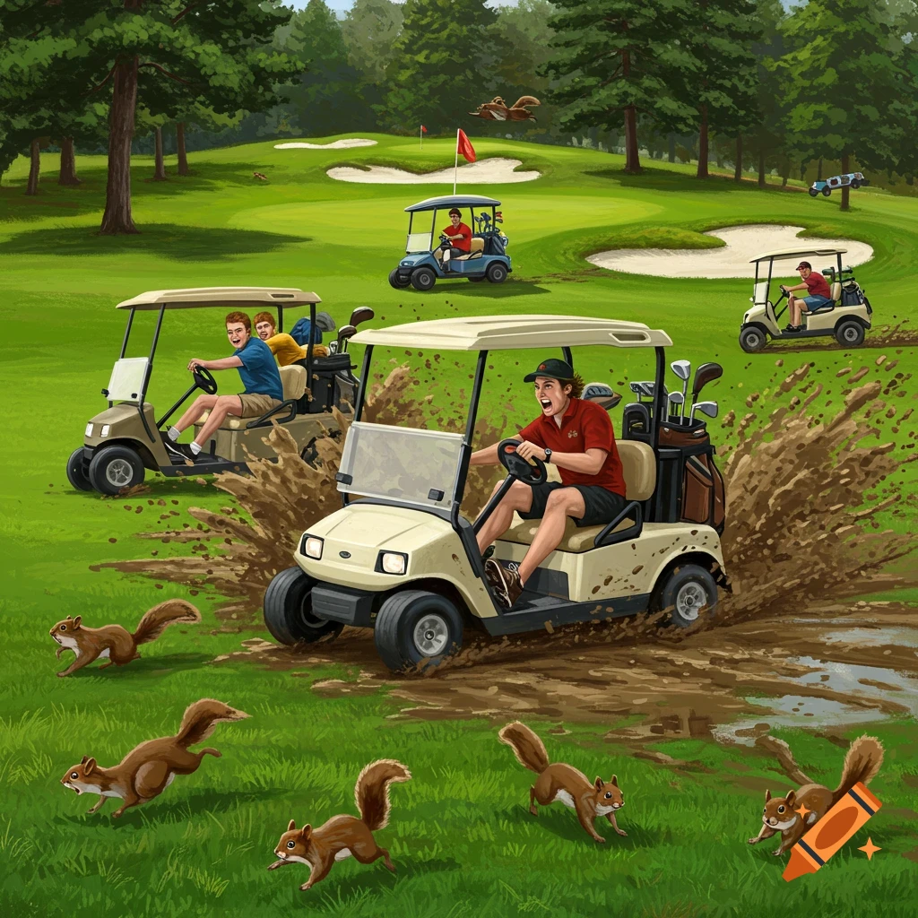People drifting golf carts through mud on a golf course, scattering ...