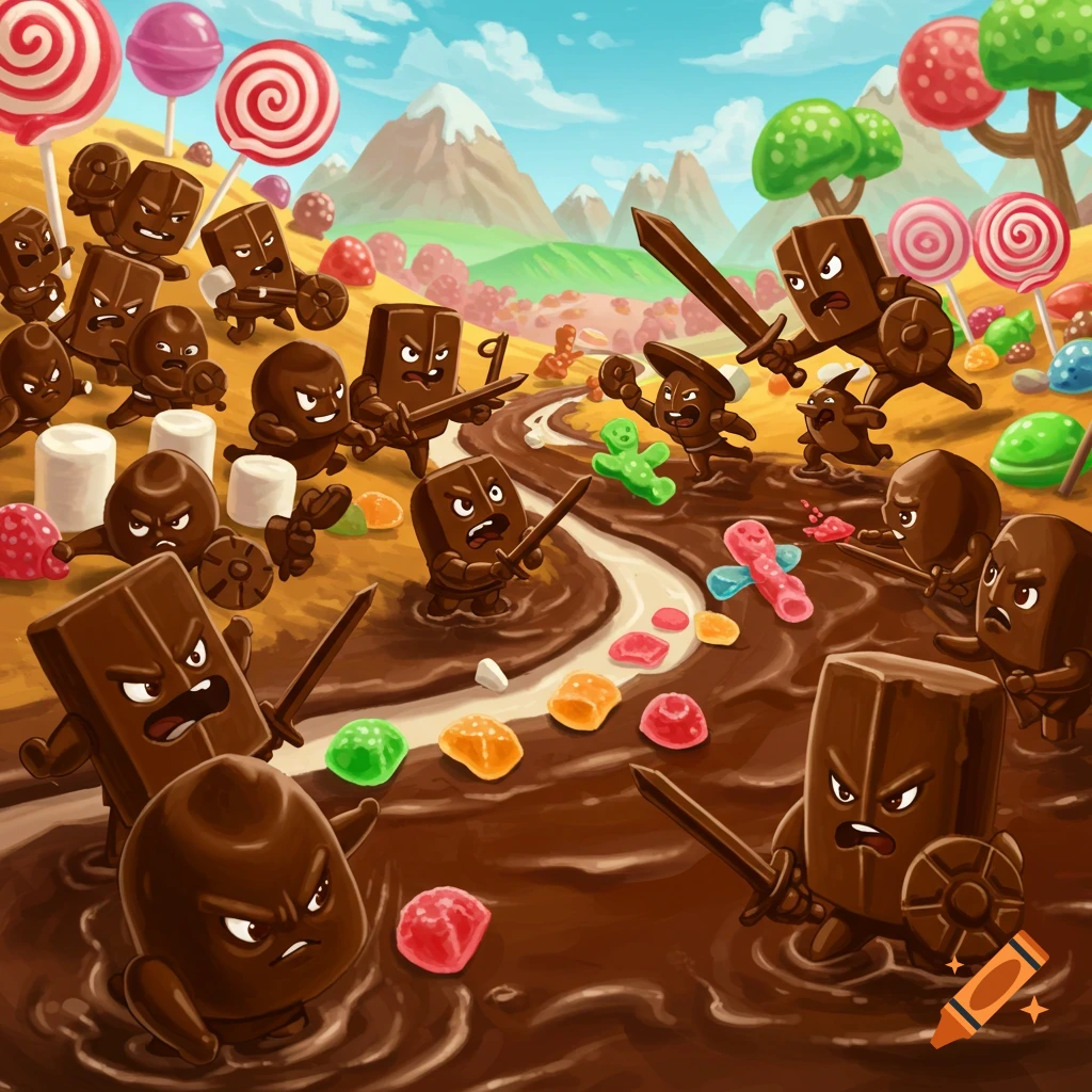 Chocolate cartoon army fighting on Craiyon