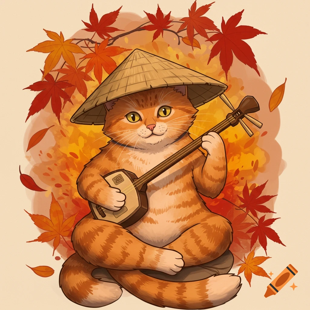 A cartoon orange cat in a straw hat plays a string instrument ...
