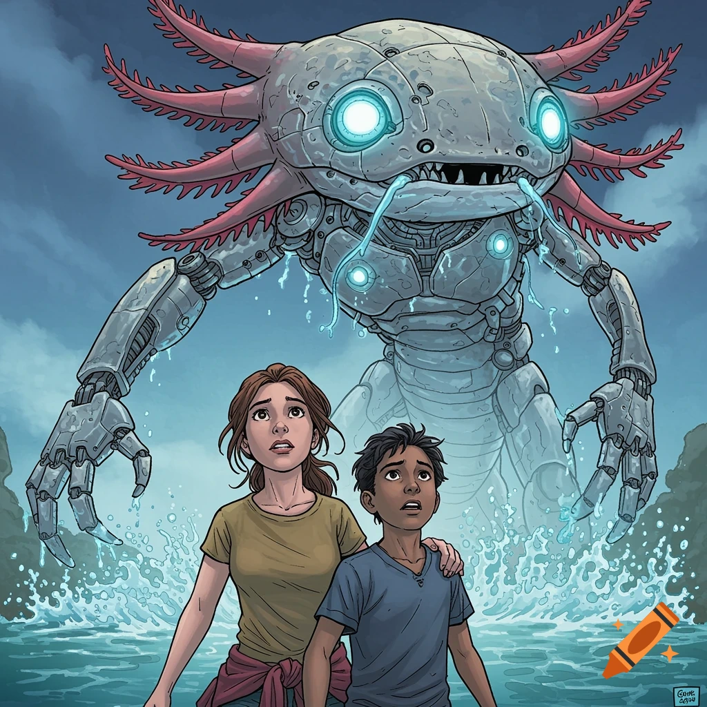Comic book art of a young woman and teenage boy watching a giant ...