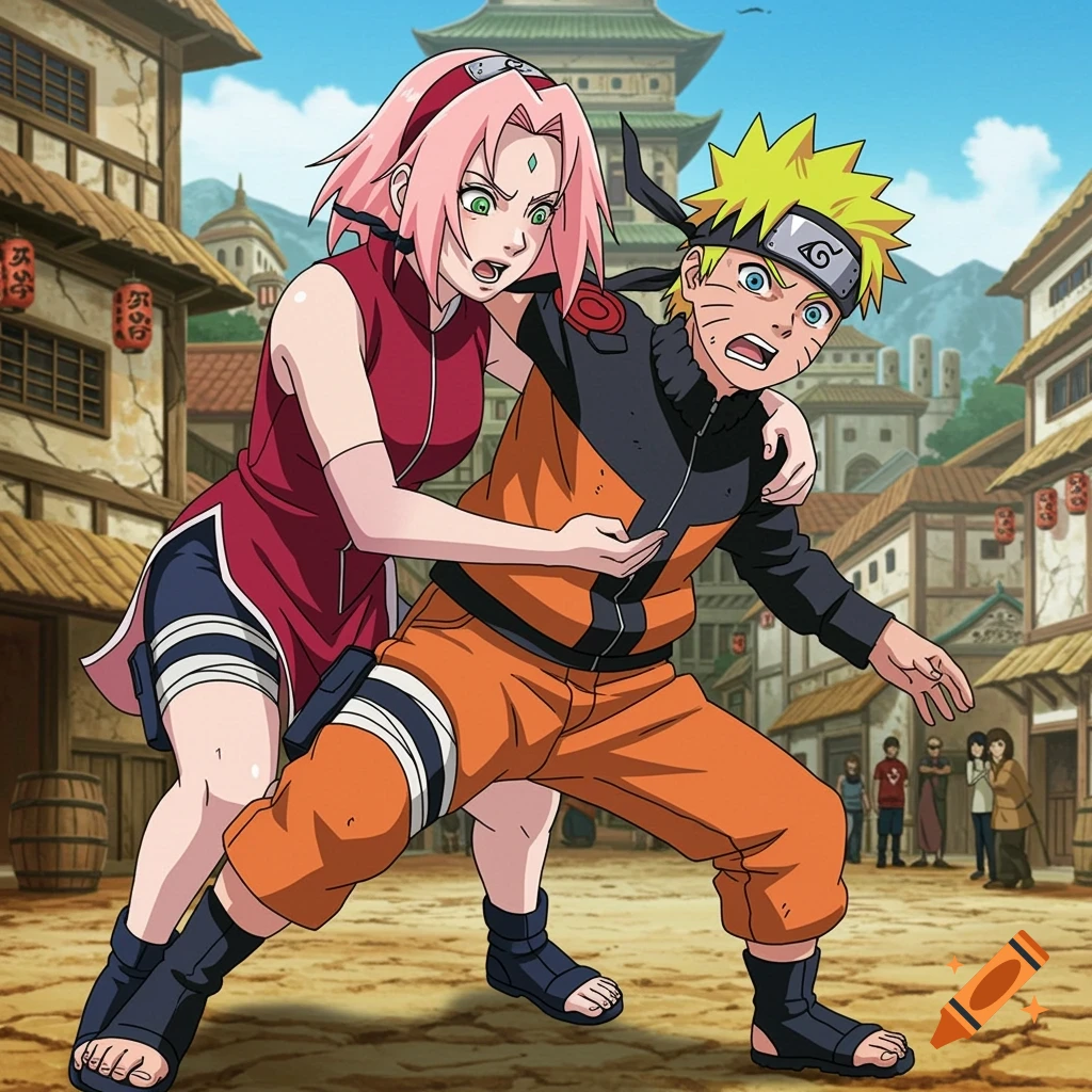 Anime portrait of Naruto and Hinata smiling together in a village on ...