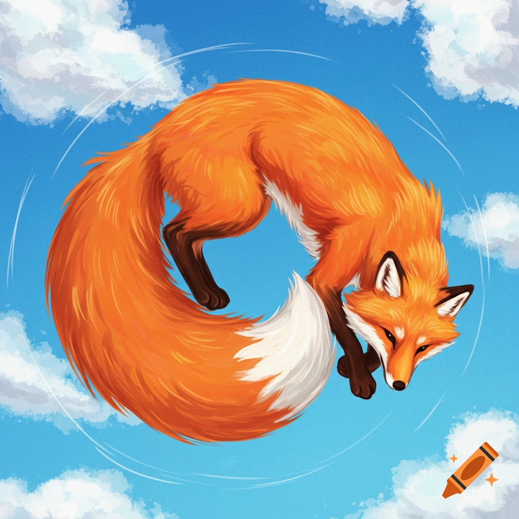 An orange fox in the sky, curled up as if chasing its tail, with clouds ...