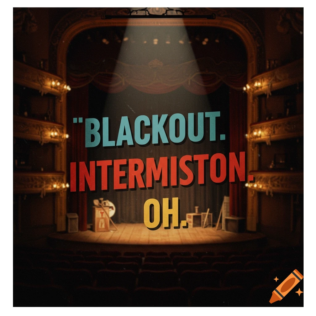 Stylized text "blackout. intermission. oh" with stage theater elements ...