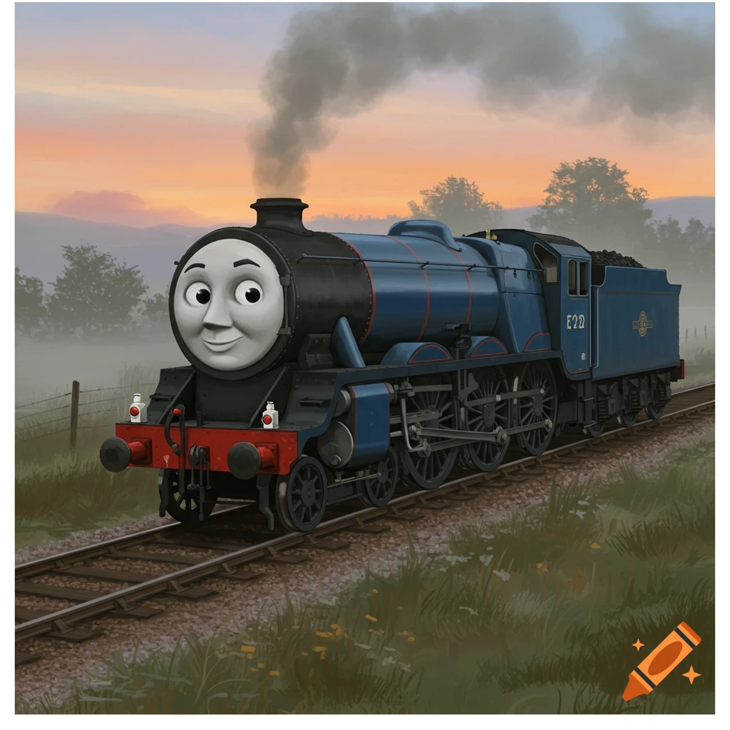 Cartoon train character with a yellow and teal body decorated with ...