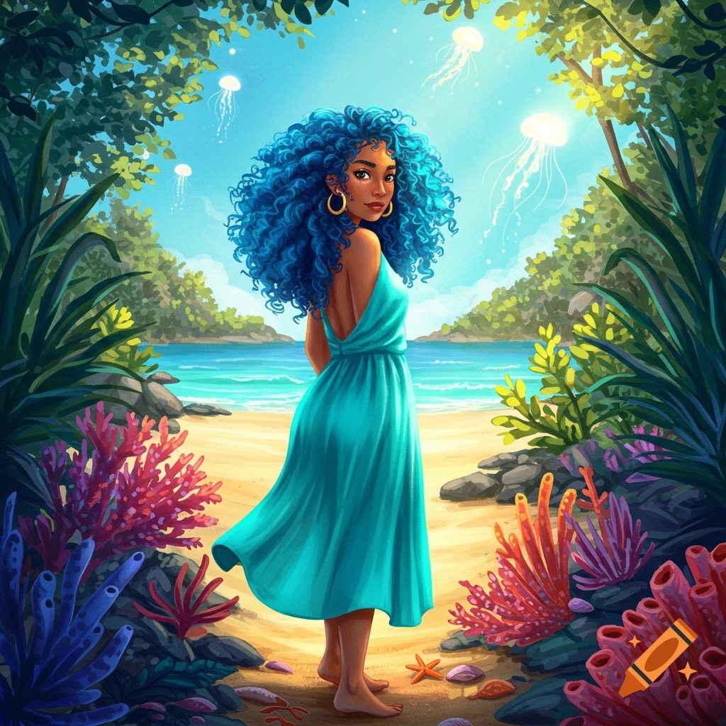 Latina girl with curly blue hair on a beach in a fantasy world on Craiyon