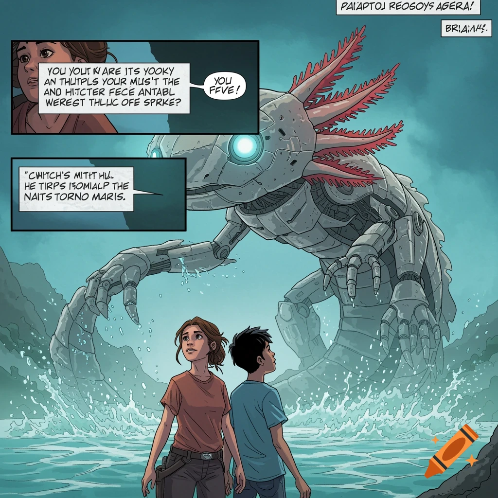 Comic book art of a young woman and teenage boy watching a giant ...