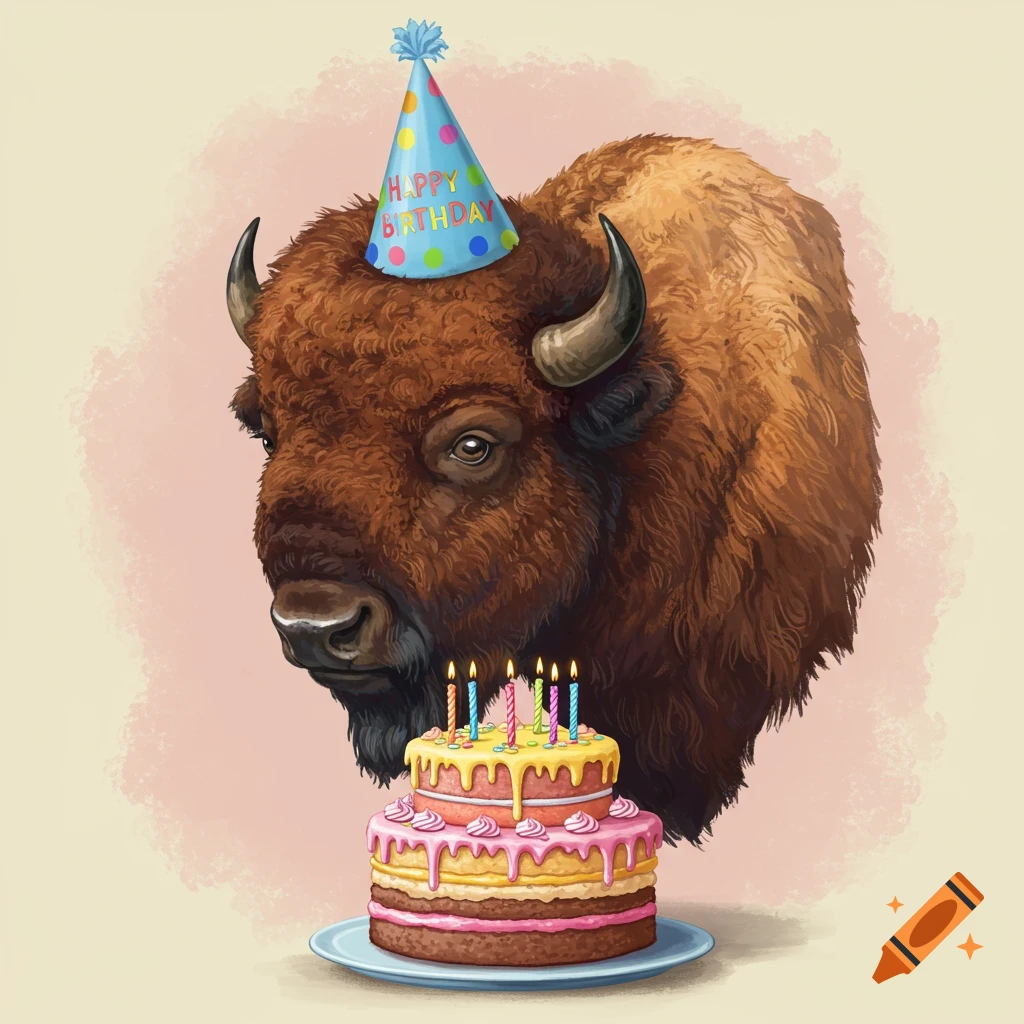 Bison head with birthday hat on a birthday cake on Craiyon