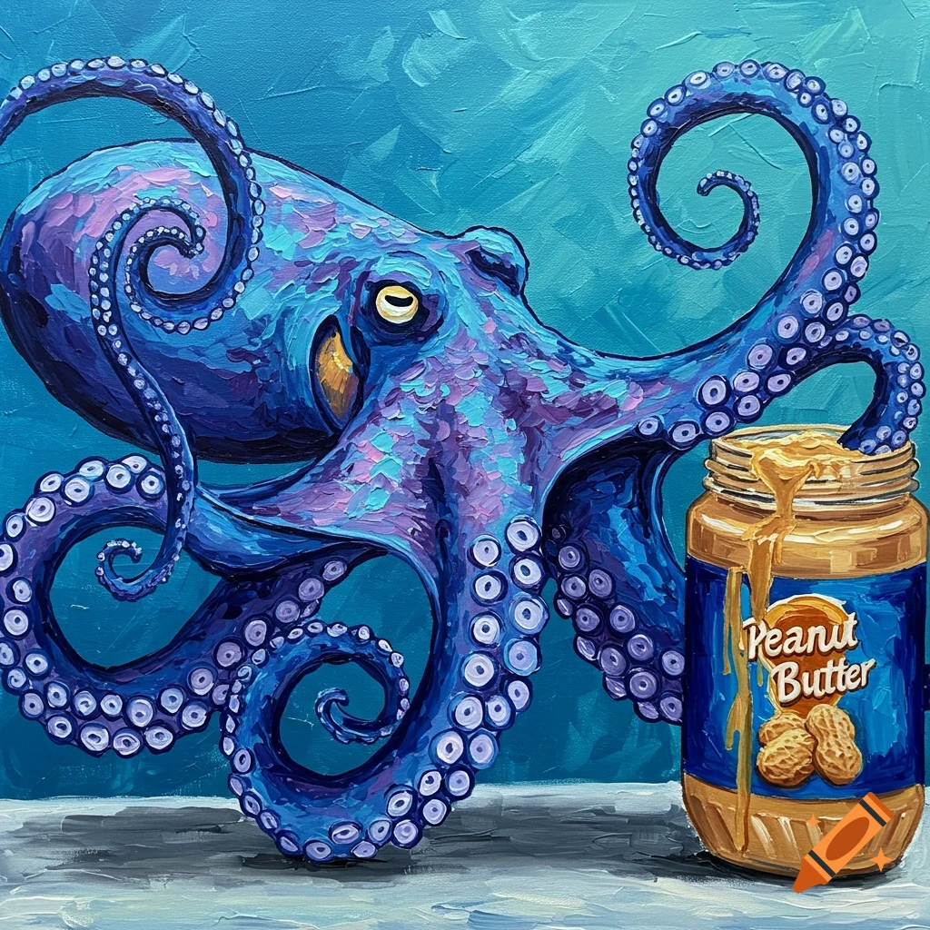 Abstract acrylic painting of an octopus opening a peanut butter jar on ...