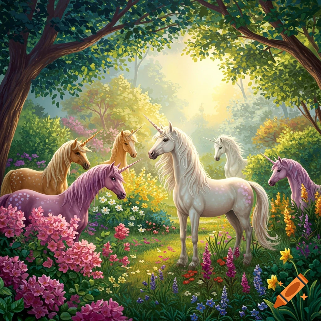 Magical unicorns prance in a colorful meadow with a castle in the ...