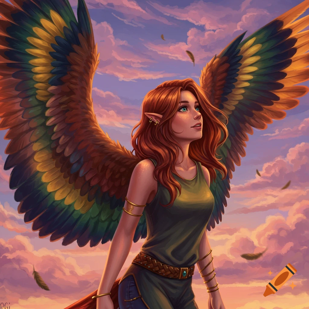 A red-haired woman with large, colorful bird wings is looking up at a ...