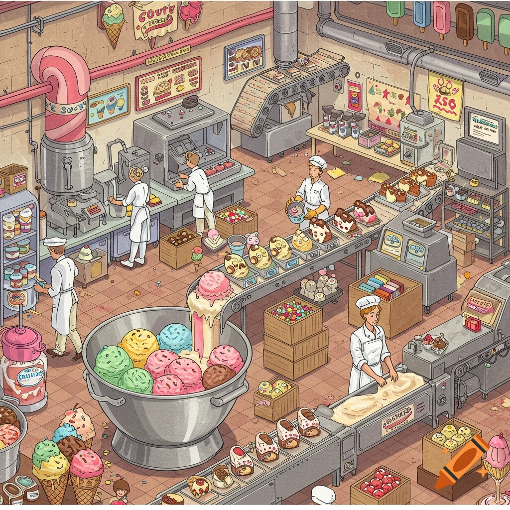 Workers in an ice cream factory on Craiyon