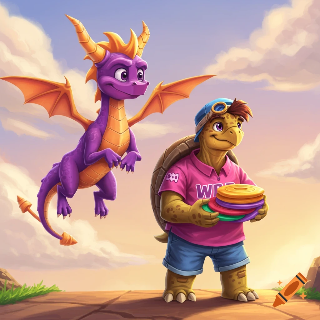 Spyro and anime turtle with "WBB" shirt holding disc golf discs on Craiyon