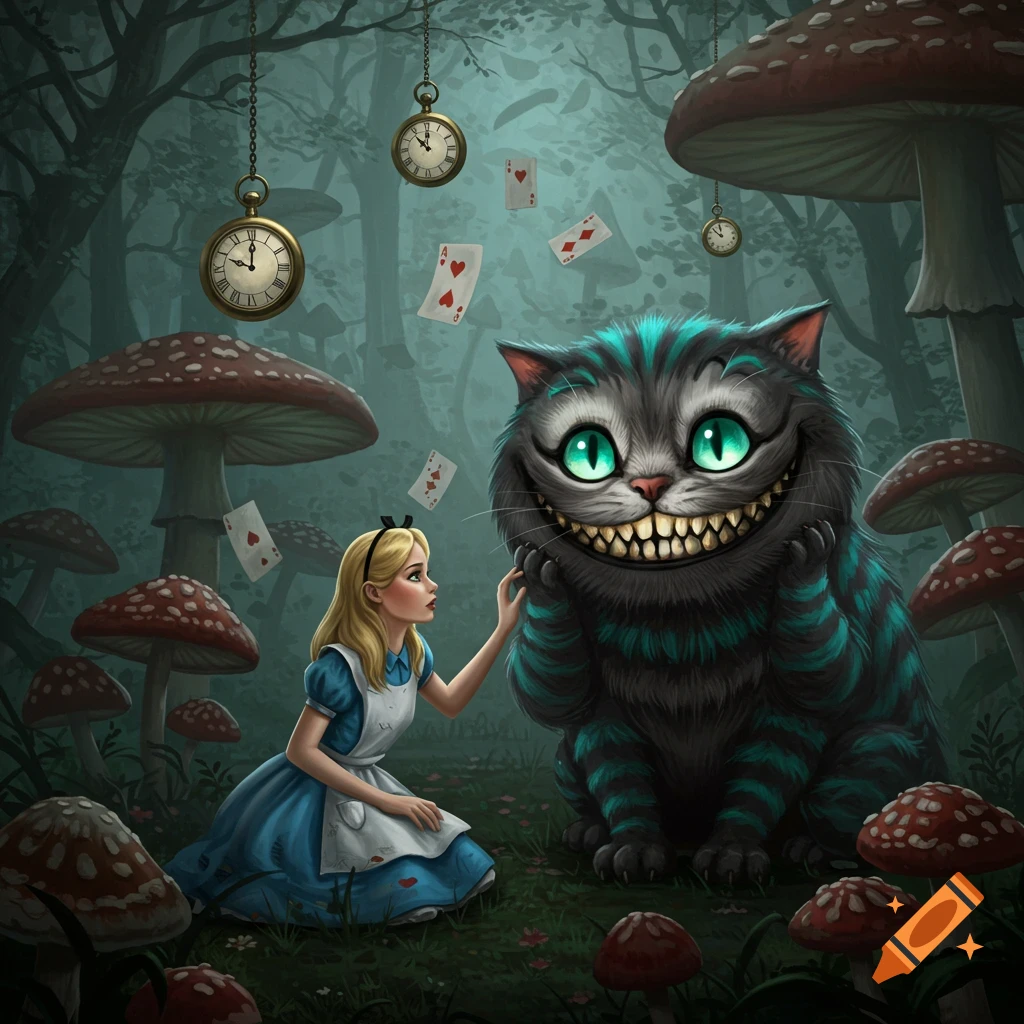 Alice and the Mad Hatter in surreal costumes stand in a forest with ...