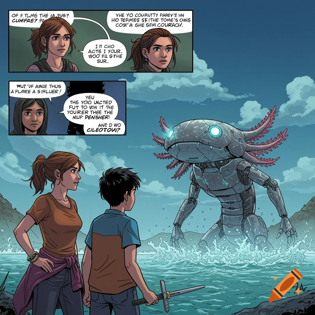 Comic book style art of a young woman and a teenage boy watching a ...