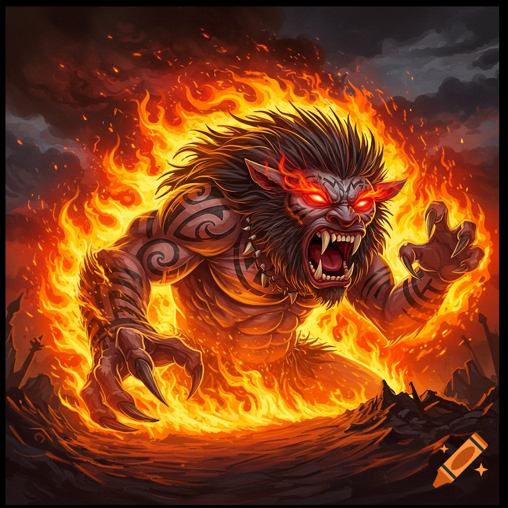 A fierce tribal beast with red eyes emerges from fire, ready to attack ...