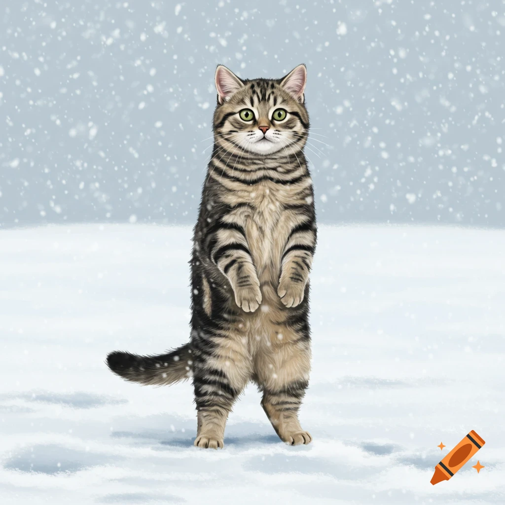 Cat standing like human in snowy landscape on Craiyon