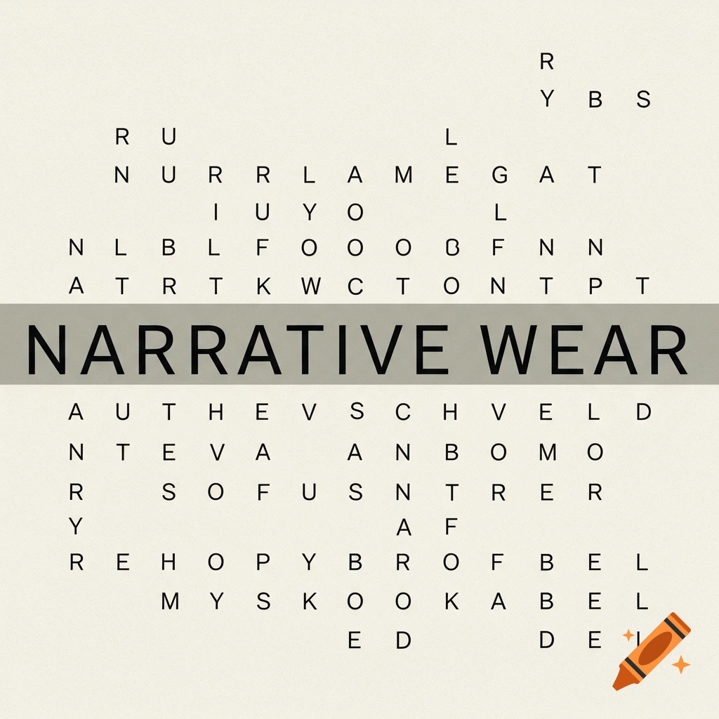 Word search puzzle banner featuring the phrase 'narrative wear' and ...
