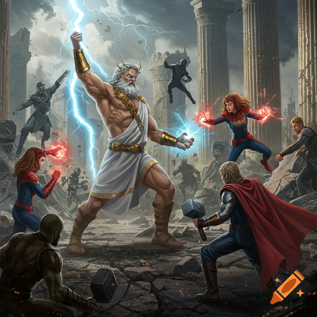 Zeus battles superheroes like Captain Marvel and Thor in a destroyed ...
