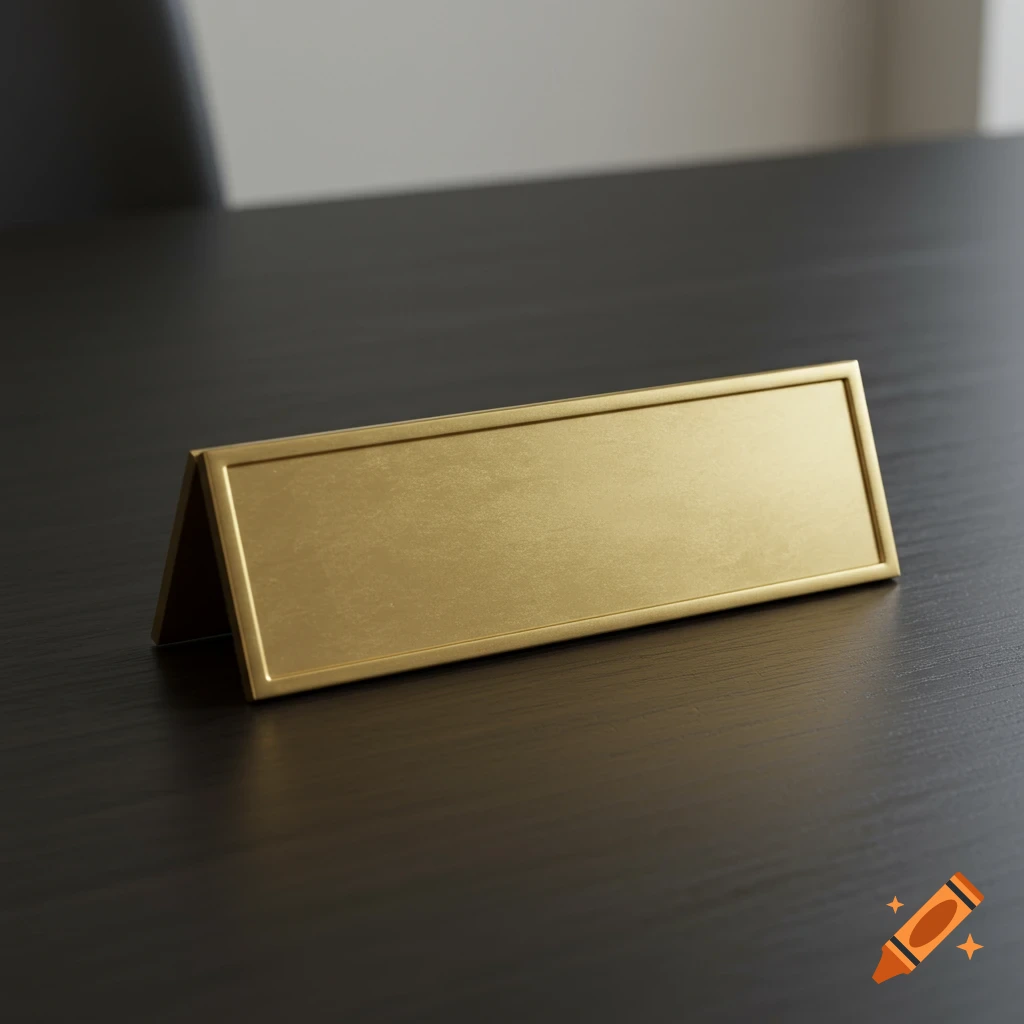 A blank gold nameplate sits on a dark desk. on Craiyon