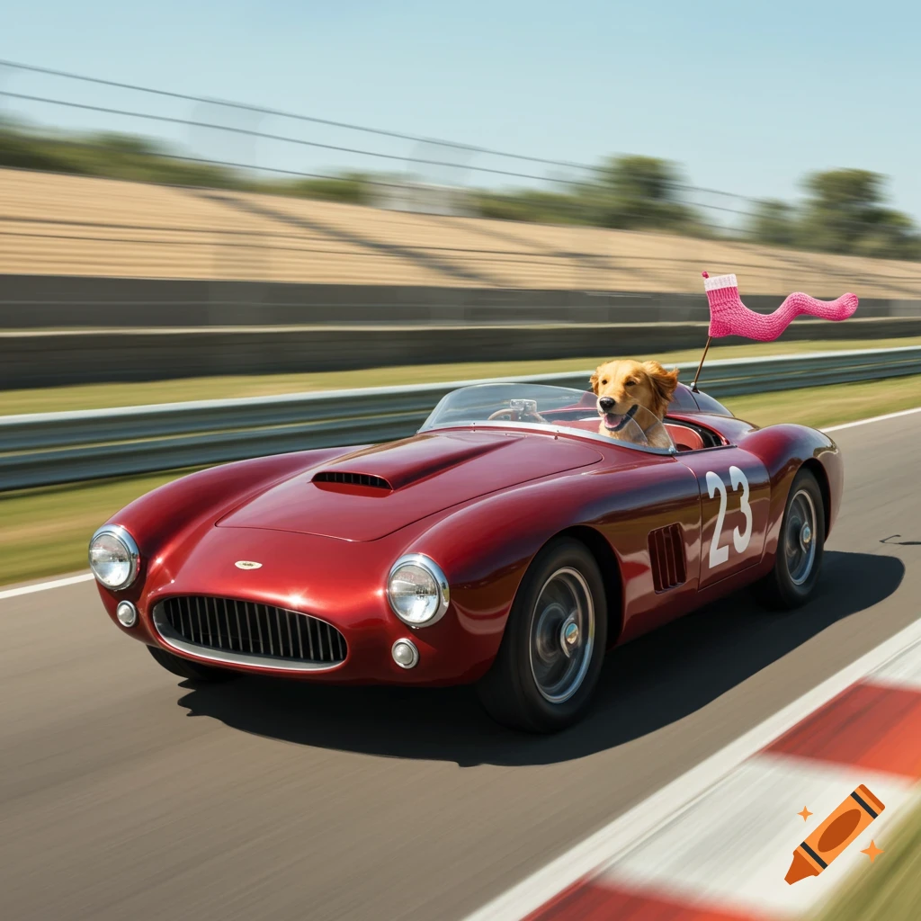 1950s race car with dog driving and sock blowing in wind on Craiyon