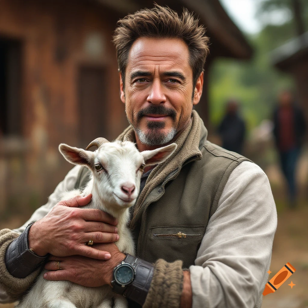 Robert Downey Jr. holding a goat on Craiyon