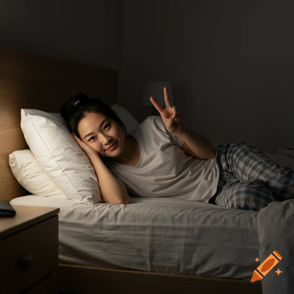 Young Asian woman in bedclothes lying in bed, making a peace sign. on ...