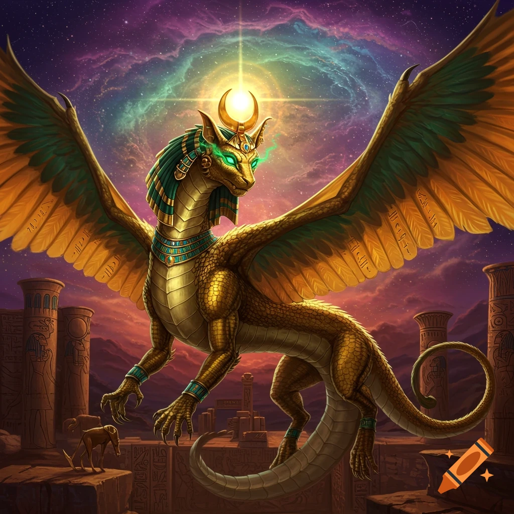 A golden winged creature with Egyptian headdress in a desert temple ...
