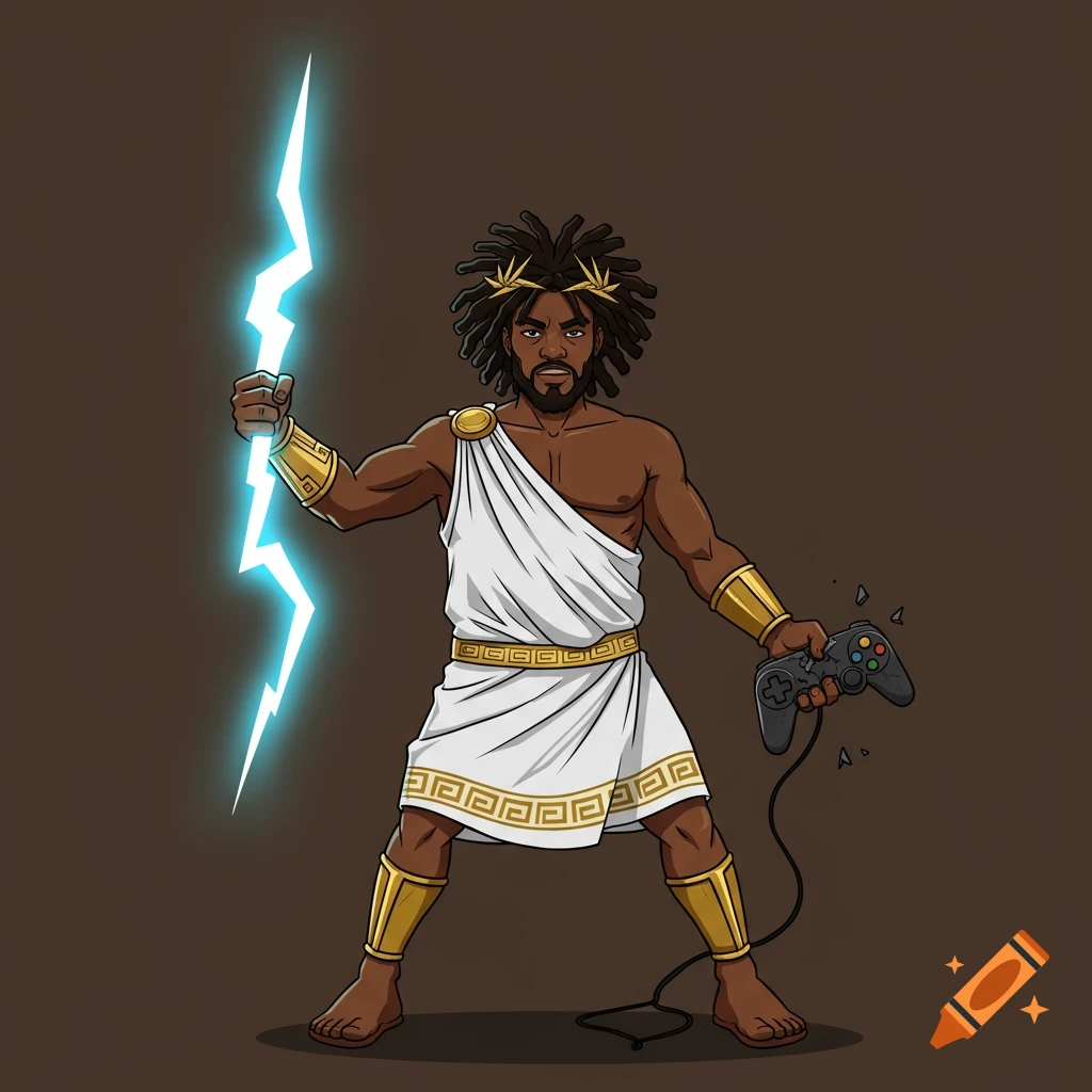 Animated black man with locs in Greek toga, holding thunderbolt and ...