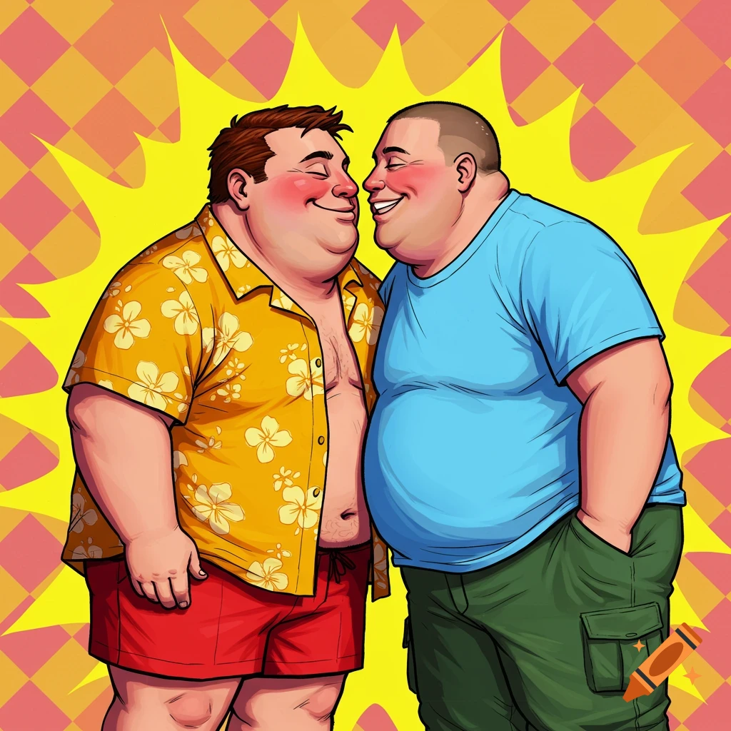 Two overweight men smiling at each other in a vibrant cartoon style. on ...