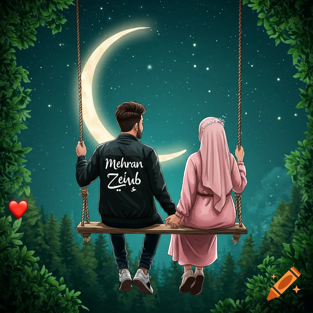 Couple on a swing in greenery, modern clothing, names 'mehran' and ...